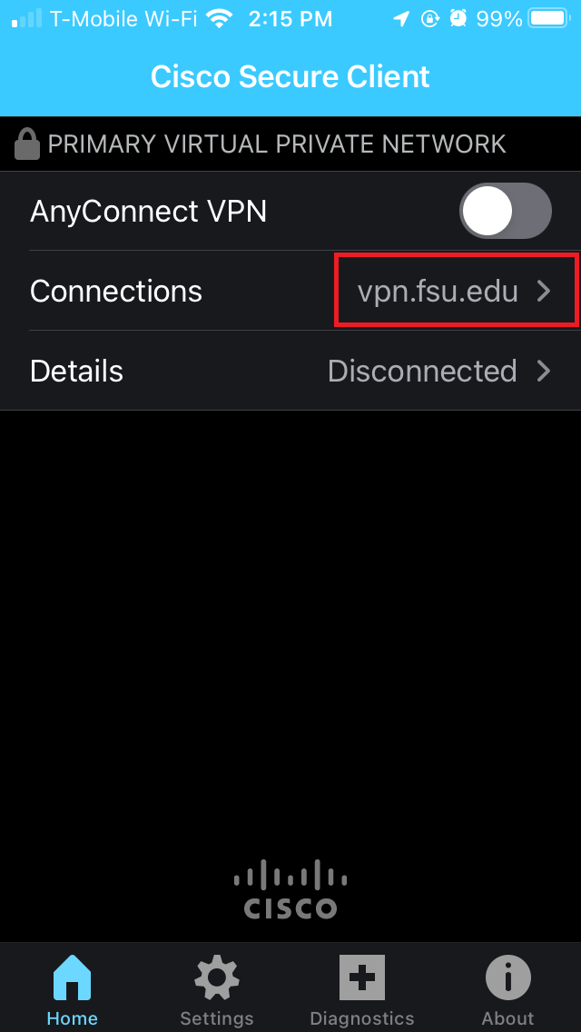 How do I sign into the Cisco AnyConnect VPN client on my mobile device?