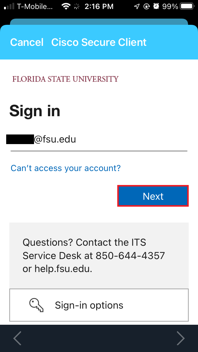 How do I sign into the Cisco AnyConnect VPN client on my mobile device?